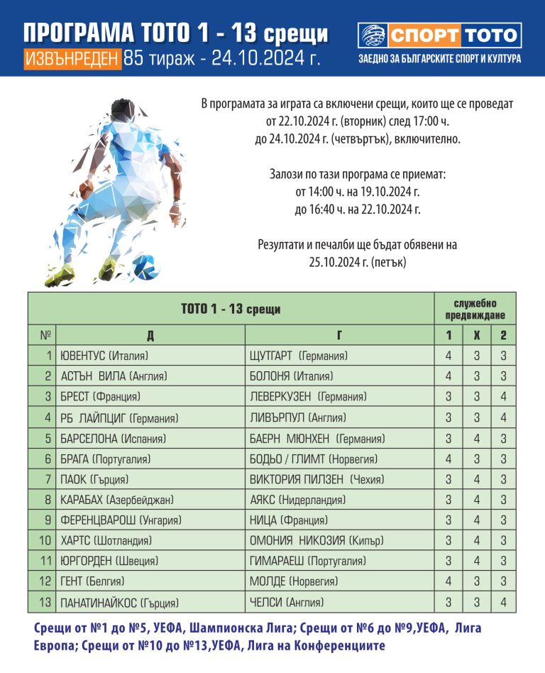 Програма за извънреден тираж 85 на ТОТО 1 - 13 срещи - action.toto.bg :: Кампаниите на Спорт Тото
