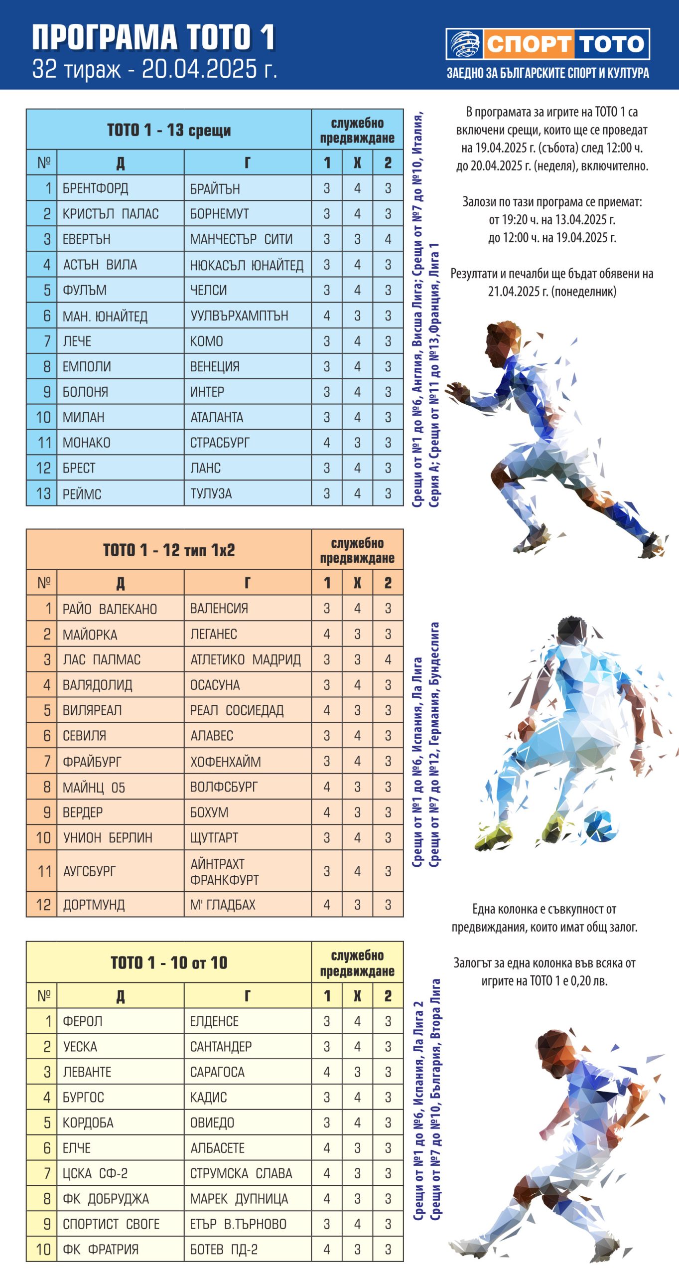 Програма за тираж 32 на ТОТО 1 - action.toto.bg :: Кампаниите на Спорт Тото
